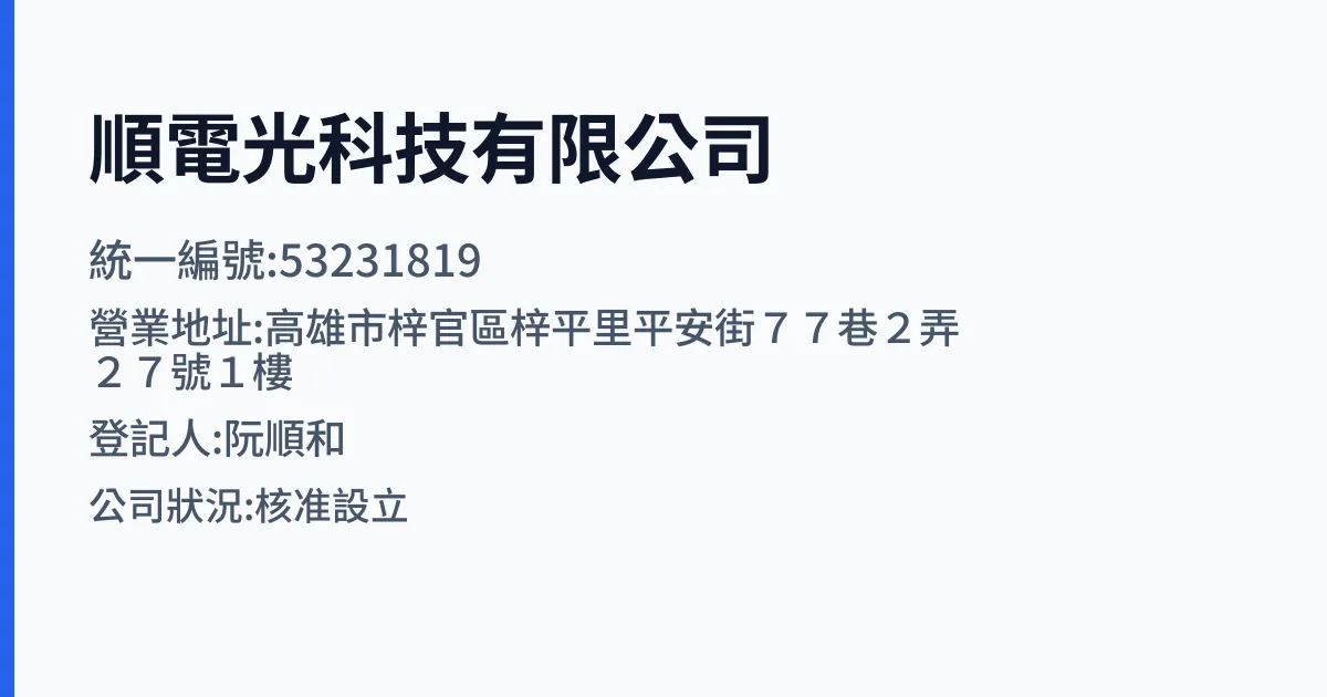 順電光科技有限公司 - 統編 53231819(高雄市) 公司登記資料與營業項目詳細圖表