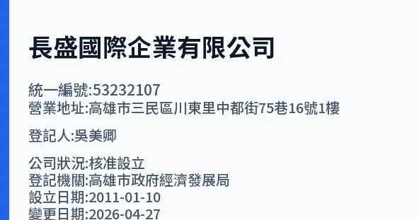 長盛國際企業有限公司的照片-統編 53232107(高雄市) 公司登記資料與營業項目詳細圖表