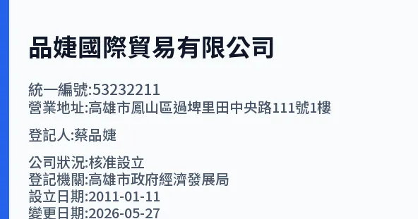 品婕國際貿易有限公司的照片-統編 53232211(高雄市) 公司登記資料與營業項目詳細圖表