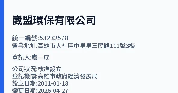 崴盟環保有限公司的照片-統編 53232578(高雄市) 公司登記資料與營業項目詳細圖表