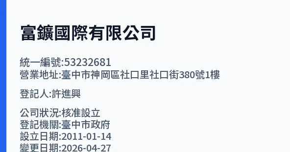 富鑛國際有限公司的照片-統編 53232681(臺中市) 公司登記資料與營業項目詳細圖表