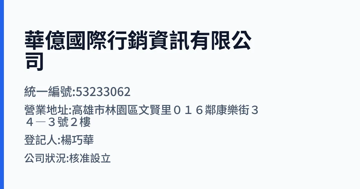 華億國際行銷資訊有限公司 - 統編 53233062(高雄市) 公司登記資料與營業項目詳細圖表