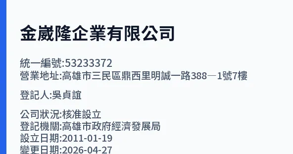 金崴隆企業有限公司的照片-統編 53233372(高雄市) 公司登記資料與營業項目詳細圖表