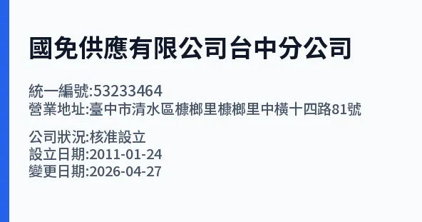國免供應有限公司台中分公司的照片-統編 53233464(臺中市) 公司登記資料與營業項目詳細圖表