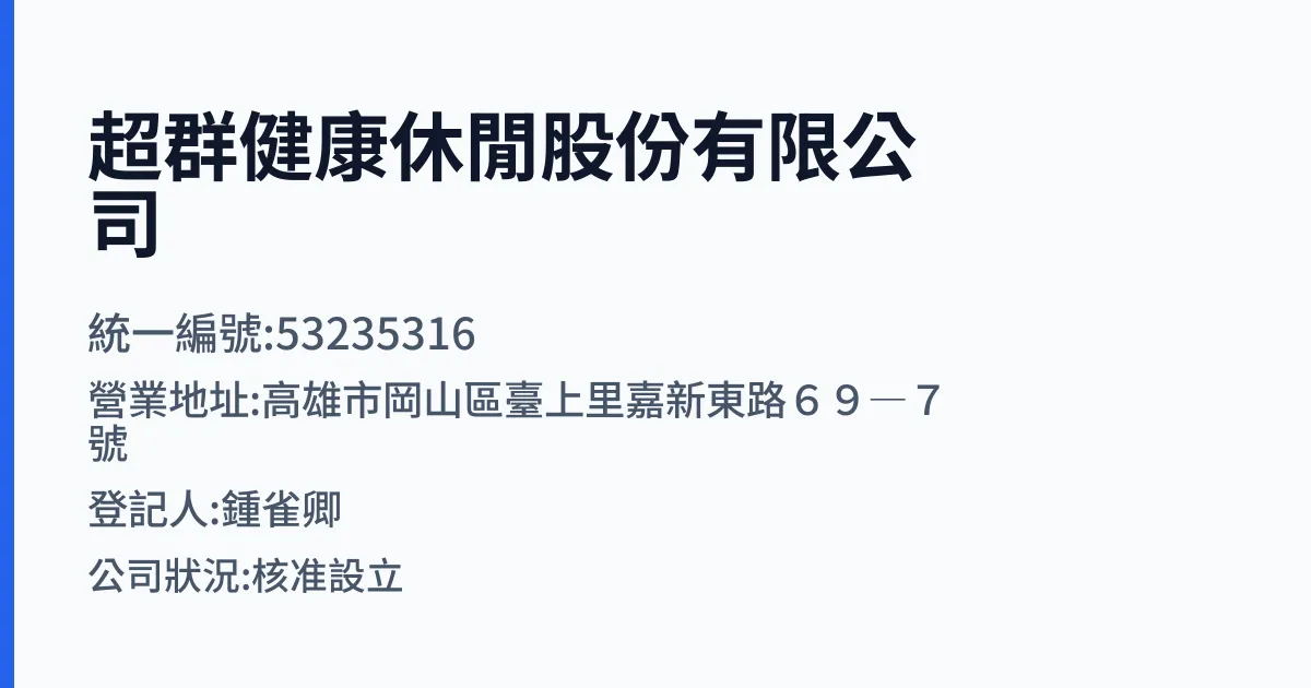 超群健康休閒股份有限公司 - 統編 53235316(高雄市) 公司登記資料與營業項目詳細圖表