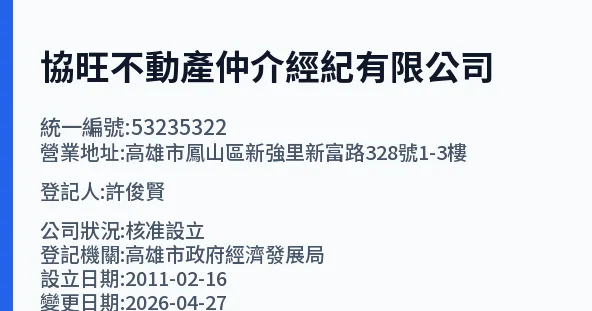 協旺不動產仲介經紀有限公司的照片-統編 53235322(高雄市) 公司登記資料與營業項目詳細圖表