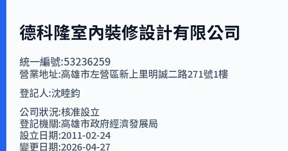 德科隆室內裝修設計有限公司的照片-統編 53236259(高雄市) 公司登記資料與營業項目詳細圖表