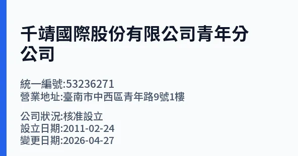 千靖國際股份有限公司青年分公司的照片-統編 53236271(臺南市) 公司登記資料與營業項目詳細圖表