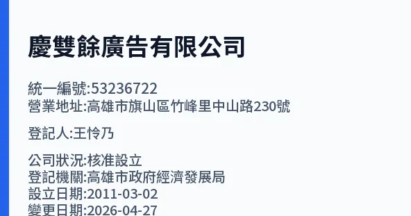 慶雙餘廣告有限公司的照片-統編 53236722(高雄市) 公司登記資料與營業項目詳細圖表
