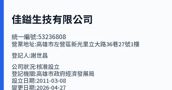 佳鎰生技有限公司的照片-統編 53236808(高雄市) 公司登記資料與營業項目詳細圖表