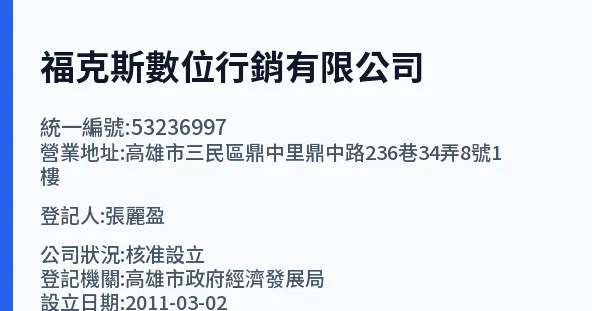 福克斯數位行銷有限公司的照片-統編 53236997(高雄市) 公司登記資料與營業項目詳細圖表