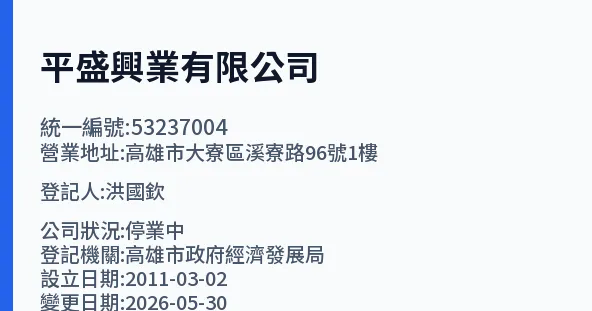 平盛興業有限公司的照片-統編 53237004(高雄市) 公司登記資料與營業項目詳細圖表