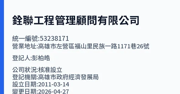 銓聯工程管理顧問有限公司的照片-統編 53238171(高雄市) 公司登記資料與營業項目詳細圖表