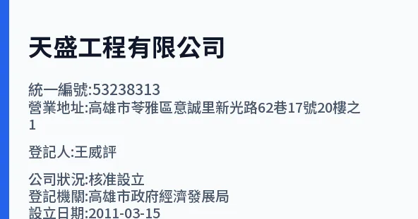 天盛工程有限公司的照片-統編 53238313(高雄市) 公司登記資料與營業項目詳細圖表