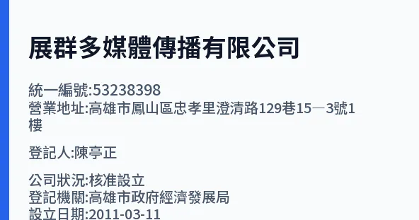 展群多媒體傳播有限公司的照片-統編 53238398(高雄市) 公司登記資料與營業項目詳細圖表