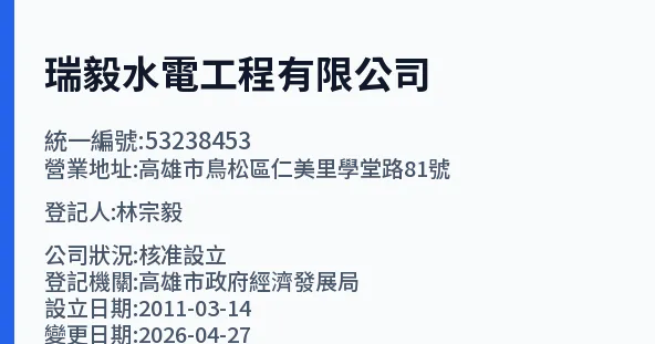 瑞毅水電工程有限公司的照片-統編 53238453(高雄市) 公司登記資料與營業項目詳細圖表