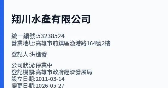 翔川水產有限公司的照片-統編 53238524(高雄市) 公司登記資料與營業項目詳細圖表