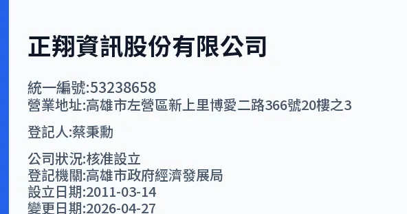 正翔資訊股份有限公司的照片-統編 53238658(高雄市) 公司登記資料與營業項目詳細圖表