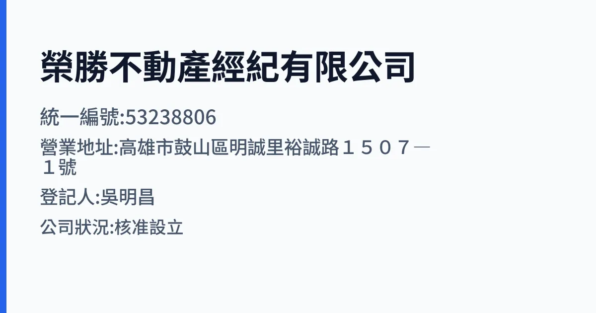 榮勝不動產經紀有限公司 - 統編 53238806(高雄市) 公司登記資料與營業項目詳細圖表