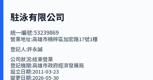 駐泳有限公司的照片-統編 53239869(高雄市) 公司登記資料與營業項目詳細圖表