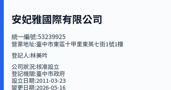 安妃雅國際有限公司的照片-統編 53239925(臺中市) 公司登記資料與營業項目詳細圖表