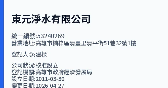 東元淨水有限公司的照片-統編 53240269(高雄市) 公司登記資料與營業項目詳細圖表