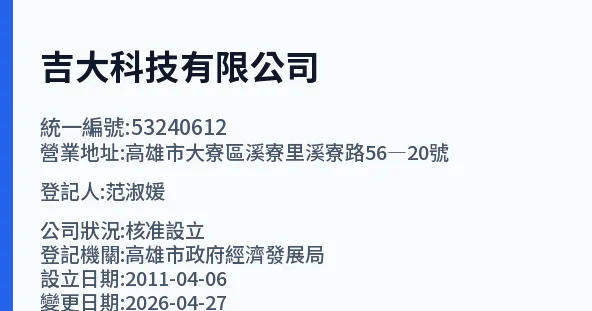 吉大科技有限公司的照片-統編 53240612(高雄市) 公司登記資料與營業項目詳細圖表