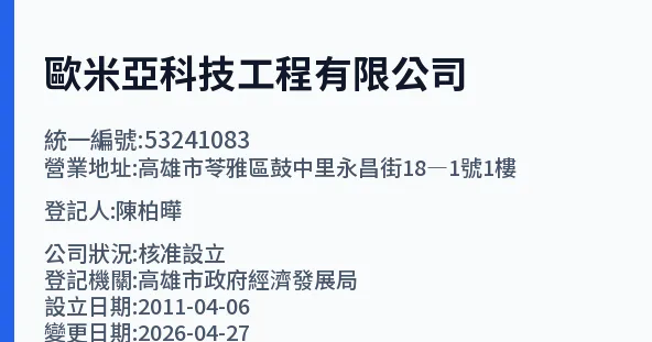 歐米亞科技工程有限公司的照片-統編 53241083(高雄市) 公司登記資料與營業項目詳細圖表