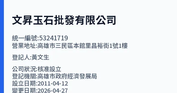 文昇玉石批發有限公司的照片-統編 53241719(高雄市) 公司登記資料與營業項目詳細圖表