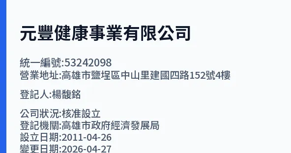 元豐健康事業有限公司的照片-統編 53242098(高雄市) 公司登記資料與營業項目詳細圖表