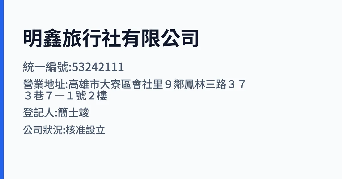 明鑫旅行社有限公司 - 統編 53242111(高雄市) 公司登記資料與營業項目詳細圖表