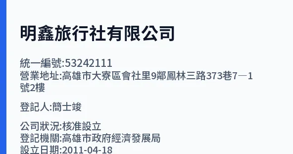 明鑫旅行社有限公司的照片-統編 53242111(高雄市) 公司登記資料與營業項目詳細圖表