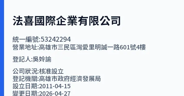 法喜國際企業有限公司的照片-統編 53242294(高雄市) 公司登記資料與營業項目詳細圖表