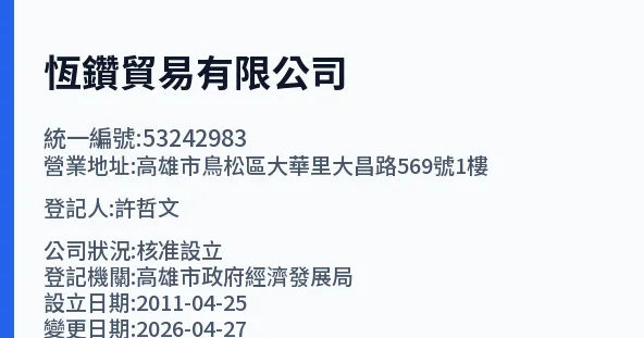 恆鑽貿易有限公司的照片-統編 53242983(高雄市) 公司登記資料與營業項目詳細圖表