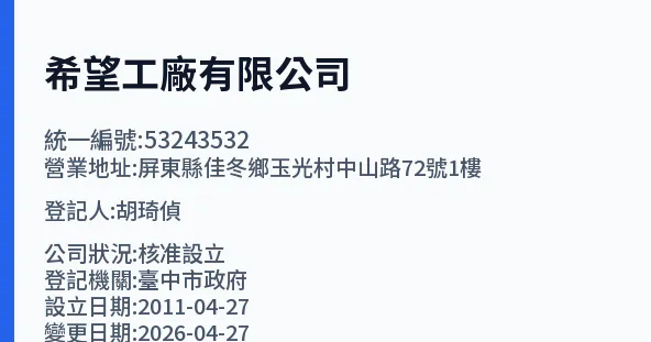 希望工廠有限公司的照片-統編 53243532(屏東縣) 公司登記資料與營業項目詳細圖表