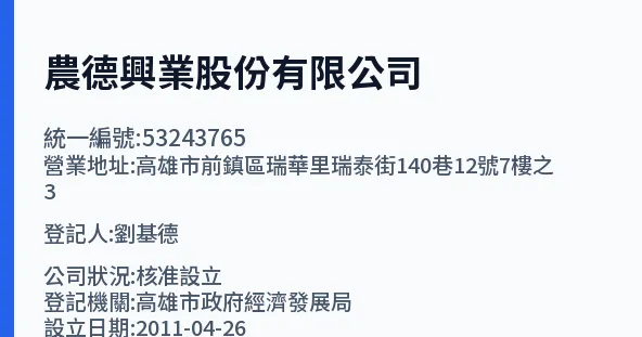 農德興業股份有限公司的照片-統編 53243765(高雄市) 公司登記資料與營業項目詳細圖表