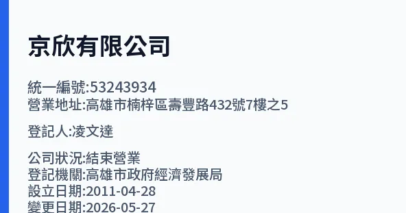 京欣有限公司的照片-統編 53243934(高雄市) 公司登記資料與營業項目詳細圖表