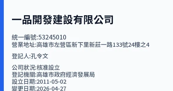 一品開發建設有限公司的照片-統編 53245010(高雄市) 公司登記資料與營業項目詳細圖表