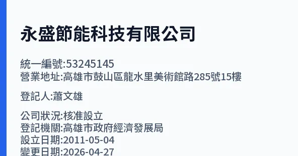 永盛節能科技有限公司的照片-統編 53245145(高雄市) 公司登記資料與營業項目詳細圖表
