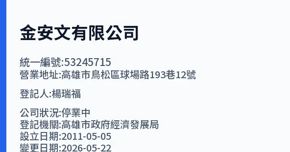 金安文有限公司的照片-統編 53245715(高雄市) 公司登記資料與營業項目詳細圖表