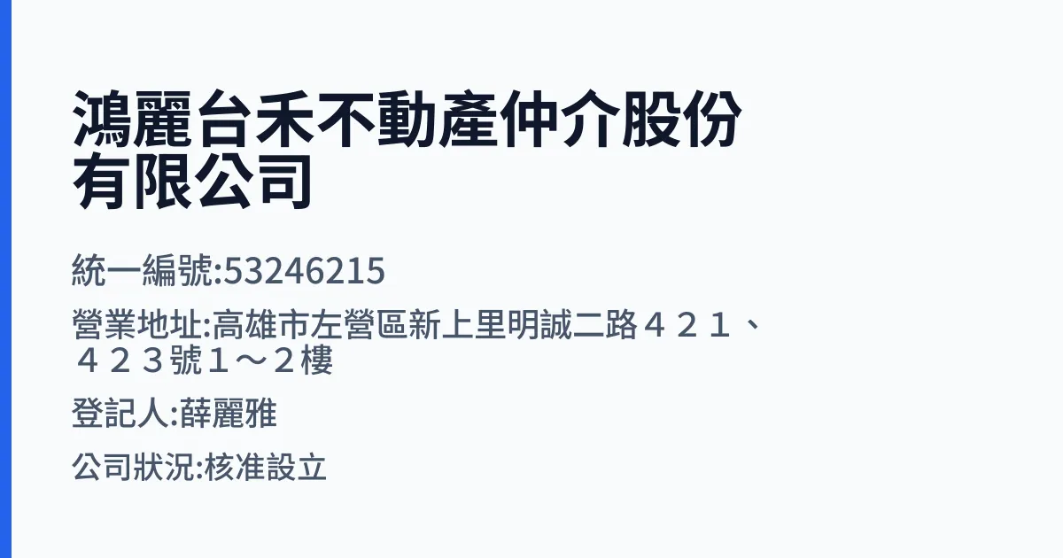 鴻麗台禾不動產仲介股份有限公司 - 統編 53246215(高雄市) 公司登記資料與營業項目詳細圖表