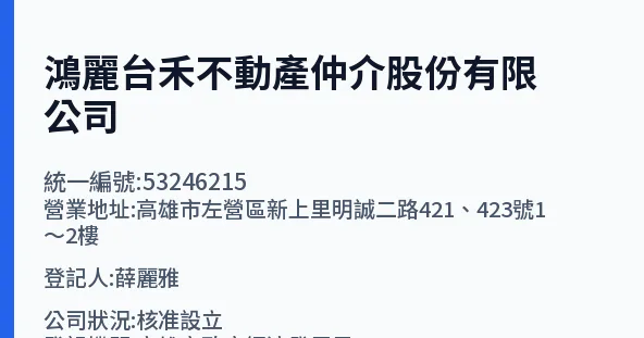 鴻麗台禾不動產仲介股份有限公司的照片-統編 53246215(高雄市) 公司登記資料與營業項目詳細圖表