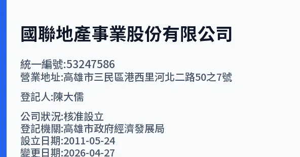 國聯地產事業股份有限公司的照片-統編 53247586(高雄市) 公司登記資料與營業項目詳細圖表