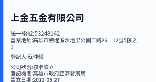 上金五金有限公司的照片-統編 53248142(高雄市) 公司登記資料與營業項目詳細圖表