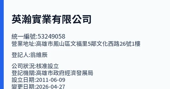 英瀚實業有限公司的照片-統編 53249058(高雄市) 公司登記資料與營業項目詳細圖表