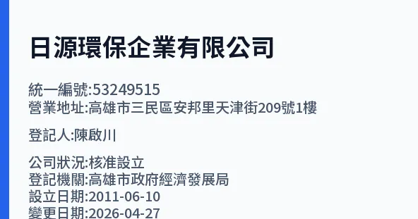 日源環保企業有限公司的照片-統編 53249515(高雄市) 公司登記資料與營業項目詳細圖表