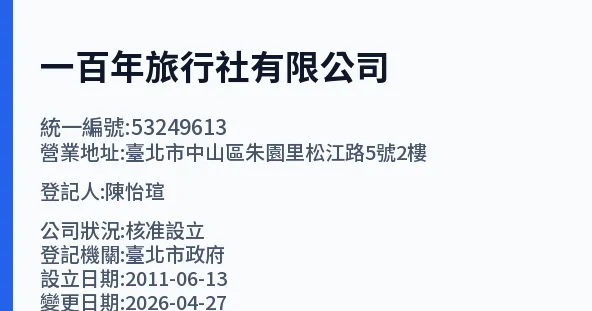 一百年旅行社有限公司的照片-統編 53249613(臺北市) 公司登記資料與營業項目詳細圖表