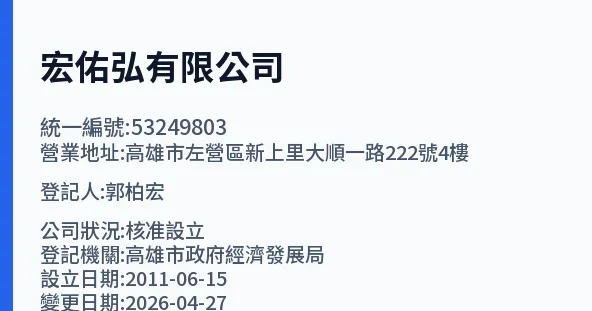 宏佑弘有限公司的照片-統編 53249803(高雄市) 公司登記資料與營業項目詳細圖表