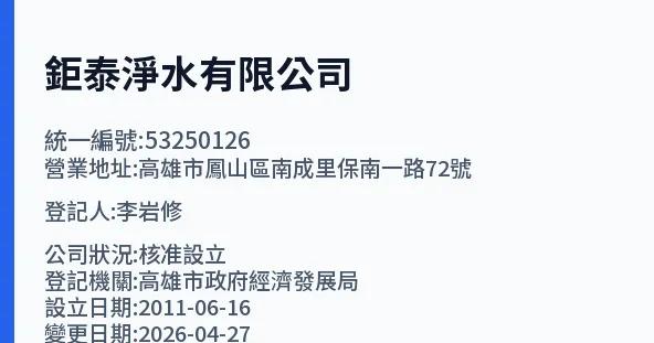 鉅泰淨水有限公司的照片-統編 53250126(高雄市) 公司登記資料與營業項目詳細圖表