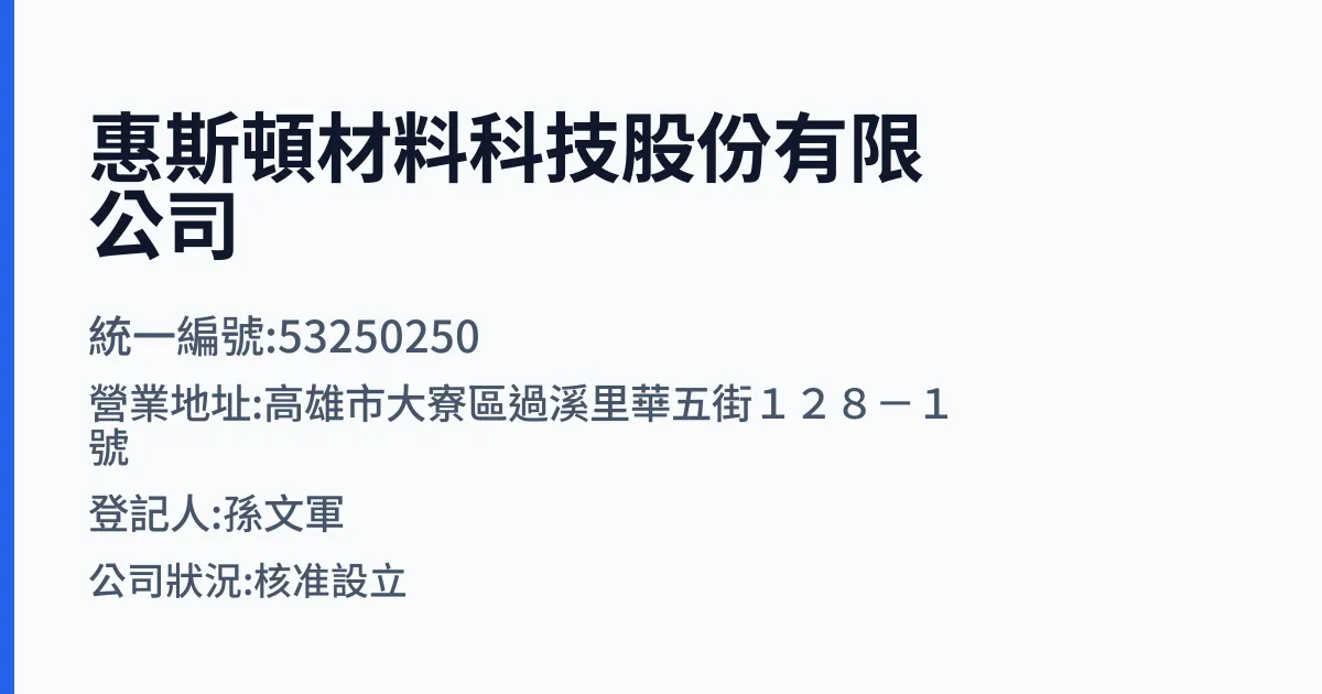 惠斯頓材料科技股份有限公司 - 統編 53250250(高雄市) 公司登記資料與營業項目詳細圖表